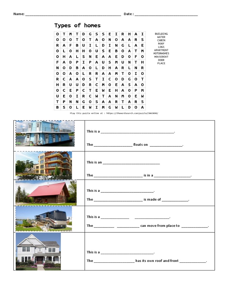 Types of Homes Wordsearch | PDF