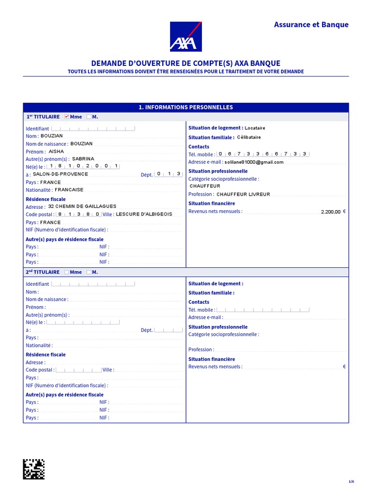 Demande D Ouverture de Compte Axa Banque | PDF | Banques | Assurance