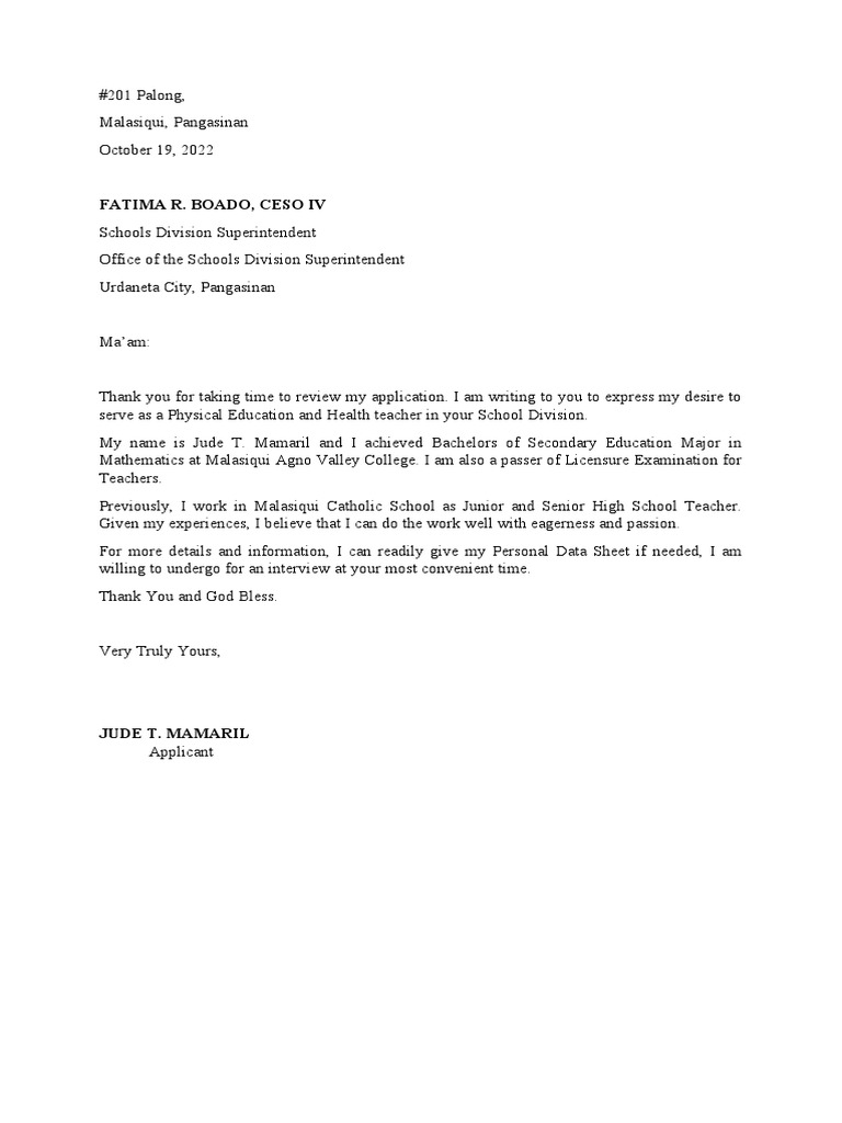 Application Letter Urda Shs | PDF