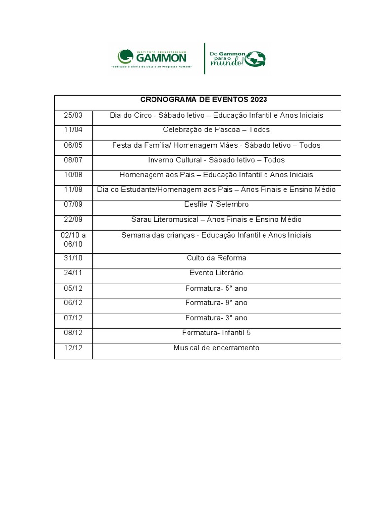CRONOGRAMA DE EVENTOS 2023 Drive | PDF