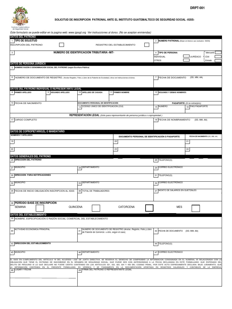 Formulario DRPT 001 IGSS Rev 2023 | PDF | Patentar | Guatemala