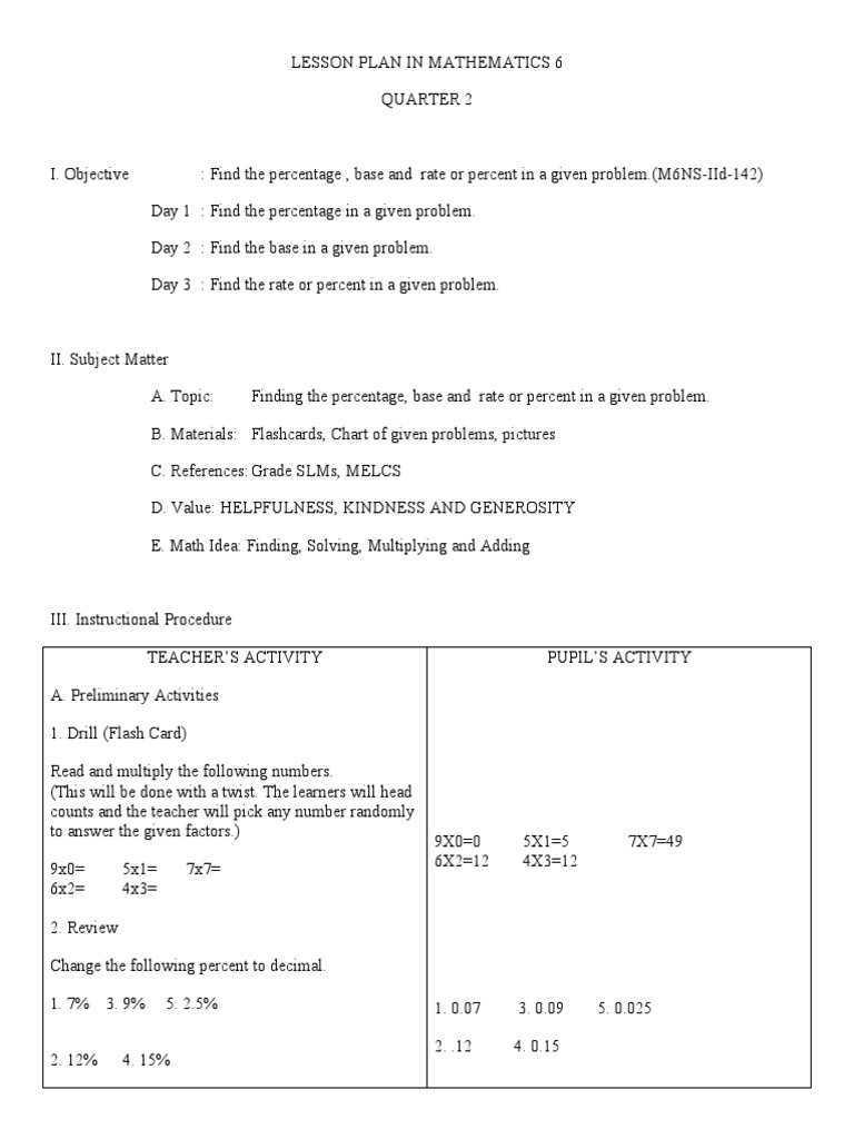 Lesson Plan In Mathematics 6 Pdf Percentage Flashcard