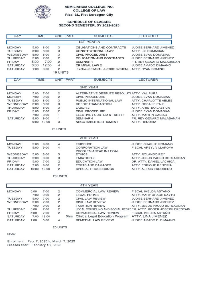 School Sched Sy 2022 2023 2 PDF | PDF | Public Law | Civil Law (Legal System)