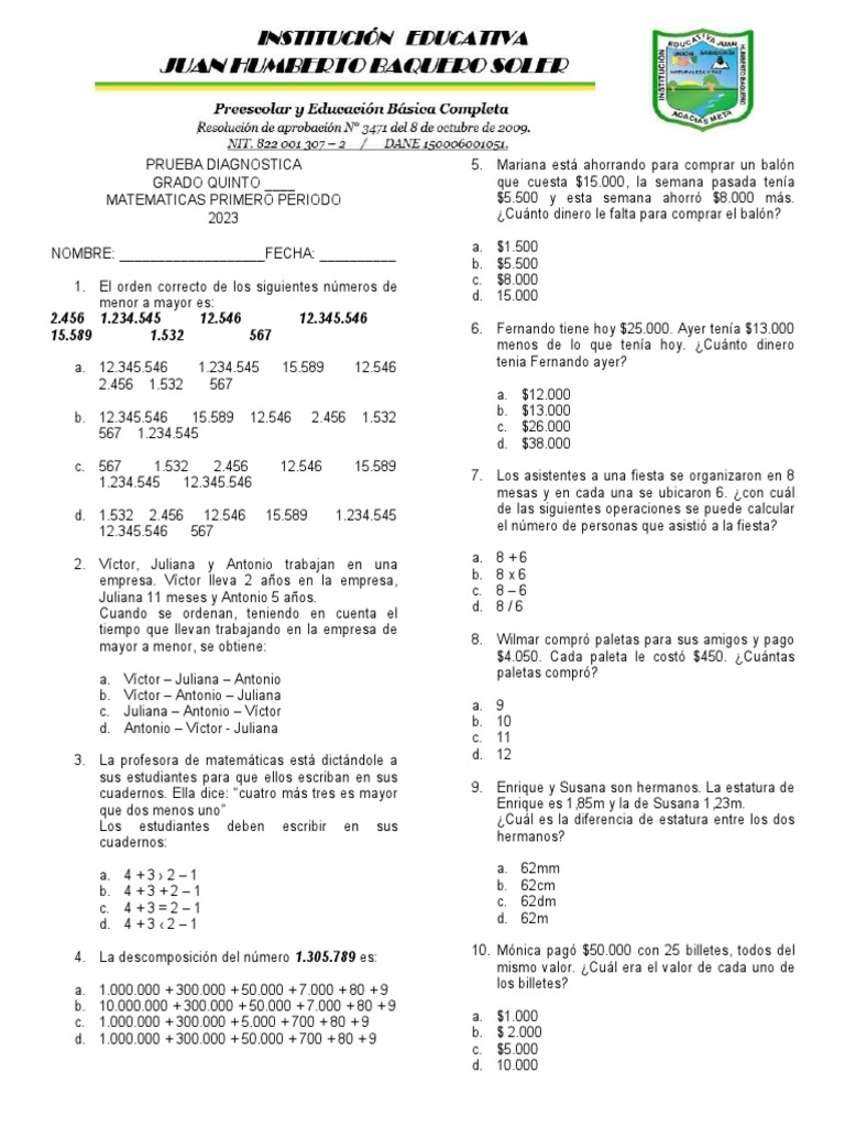 PRUEBA DIAGNOSTICA Matematicas Grado 5 | PDF