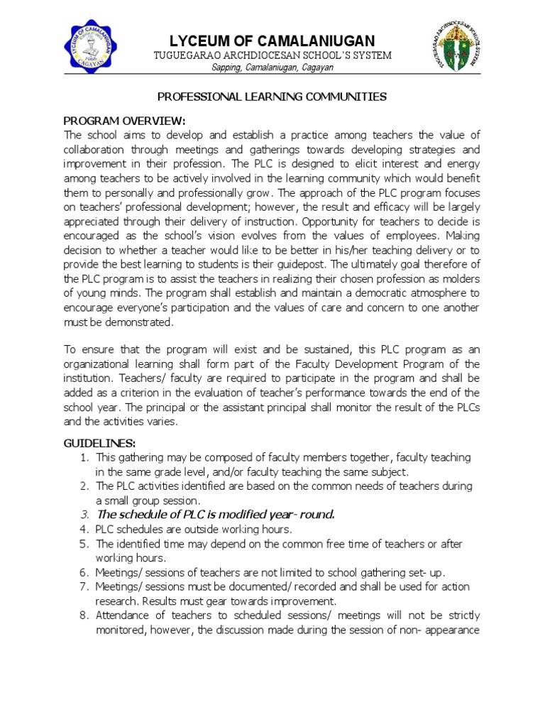 PLC Program and Sample Plan | PDF | Teachers | Cognition