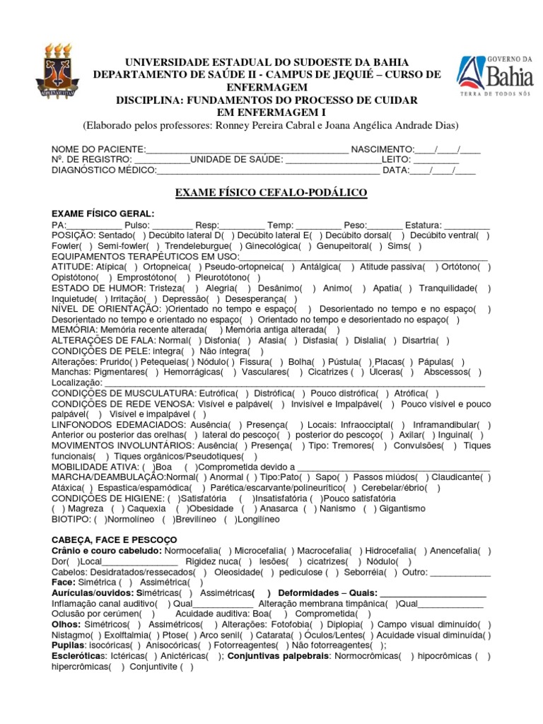 FORMULARIO EXAME FISICO CEFALO PODALICO-revisado Ok | PDF | Anatomia ...