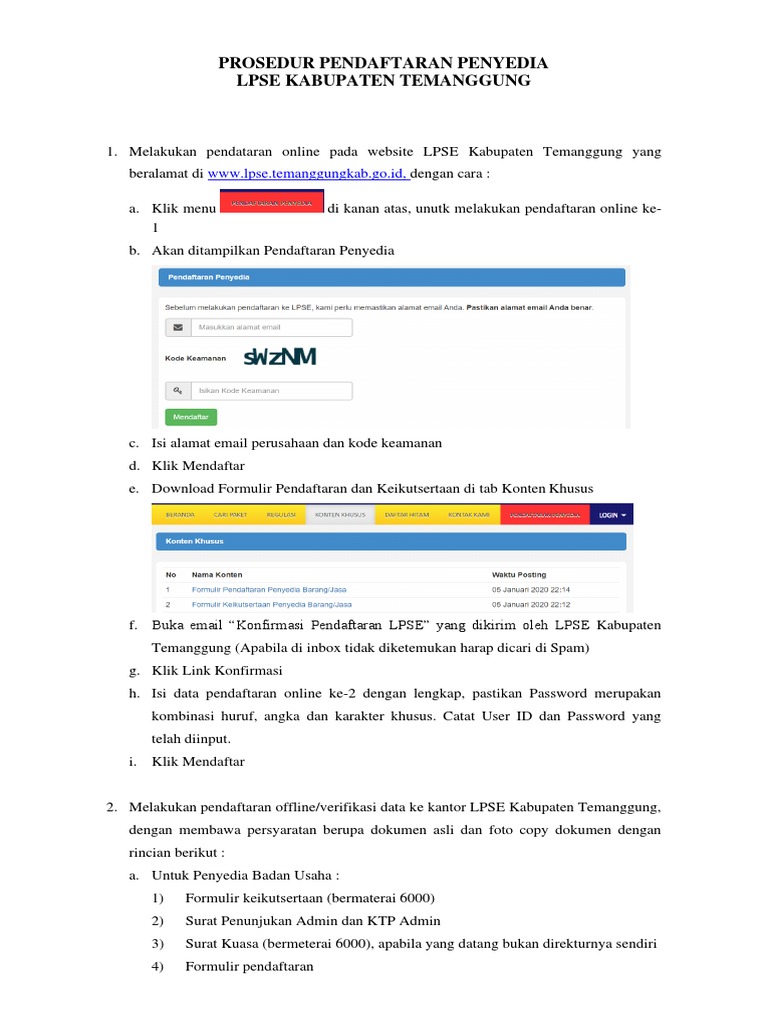 Prosedur Pendaftaran Penyedia LPSE Kab. Temanggung | PDF | Bisnis | Pengelolaan Keuangan & Uang