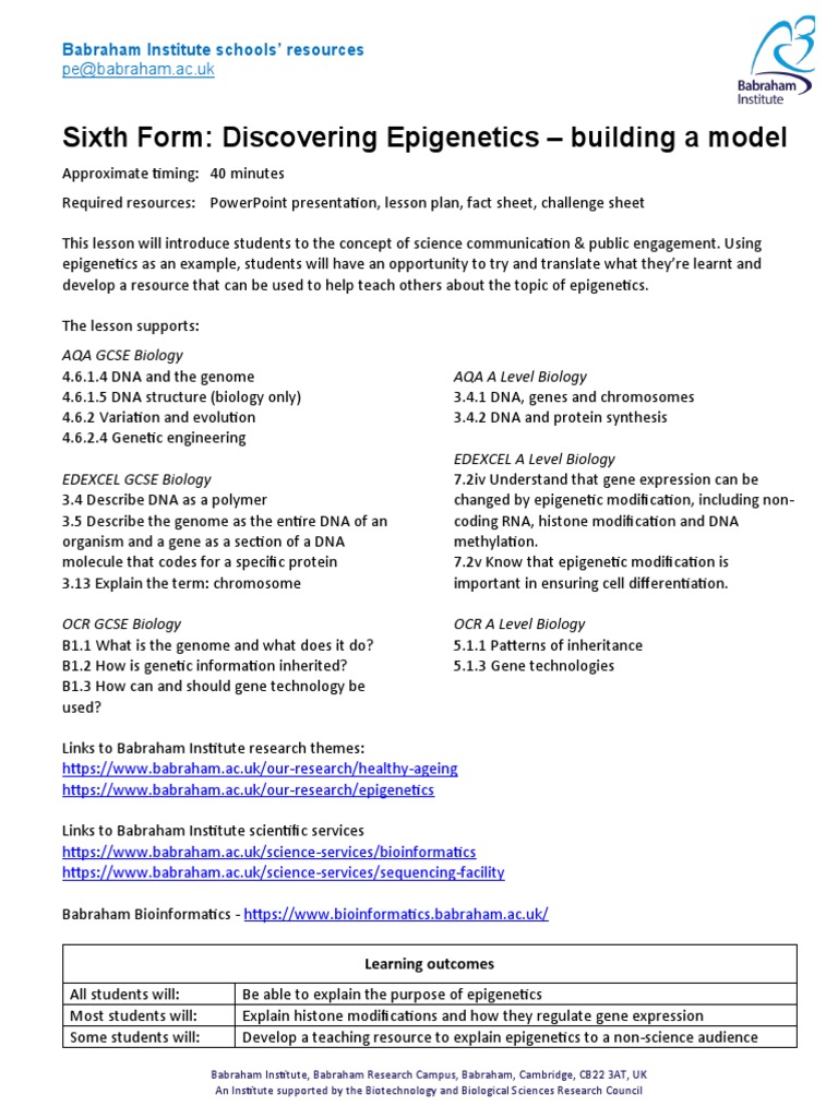 Epigenetics Model - Lesson Plan | PDF | Epigenetics | Gene