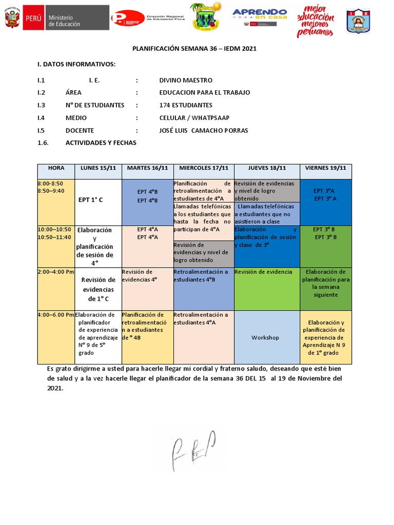 Planificación Semanal EPT 2021 | PDF | Aprendizaje | Modificación de comportamiento