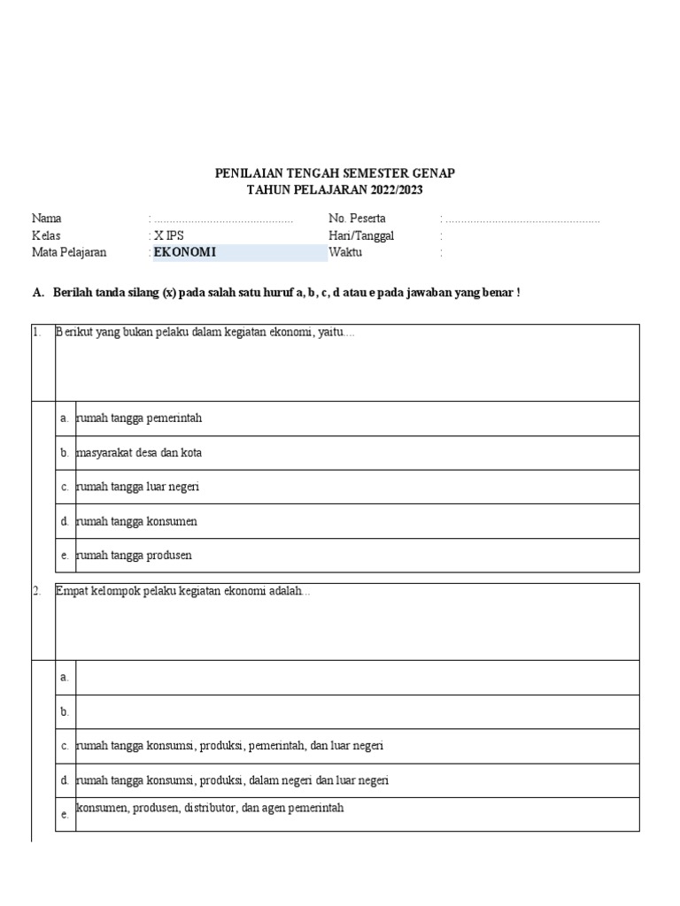 Format Soal PTS Genap Kelas X IPS 2022-2023 | PDF