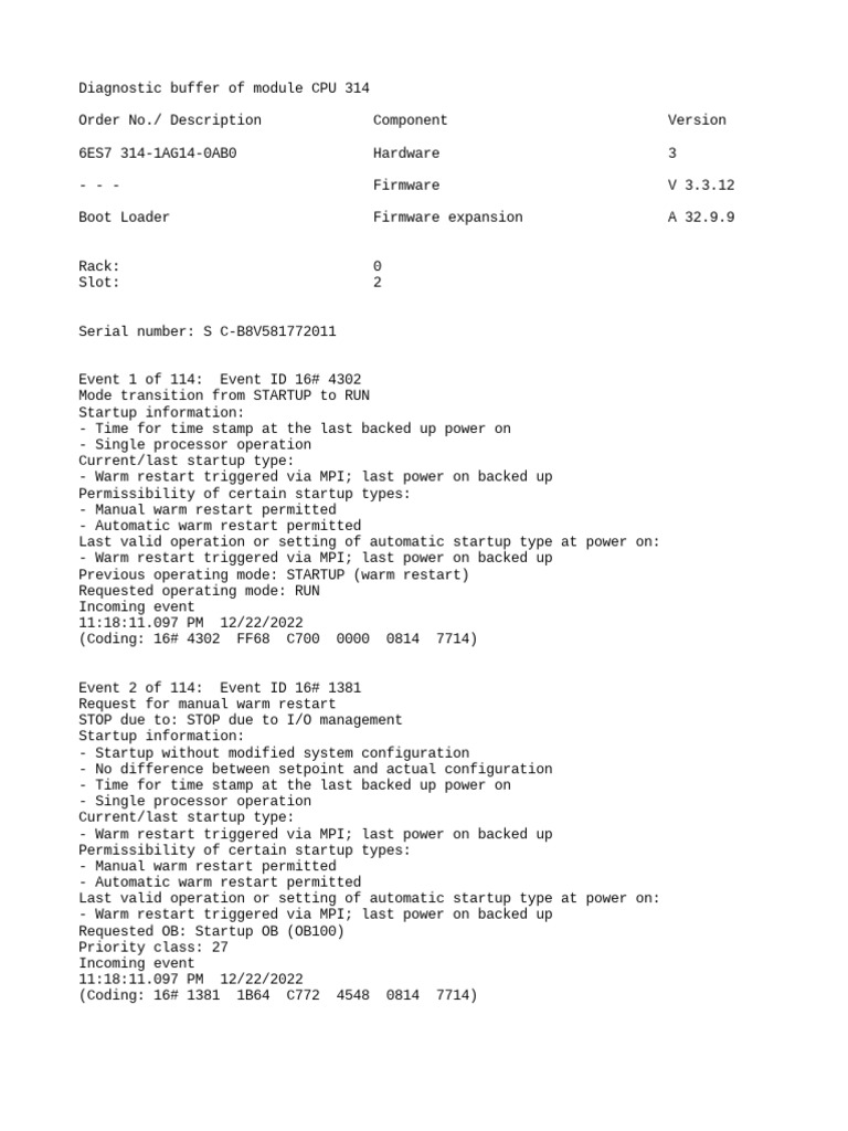 Analysis of Module CPU 314 Diagnostic Buffer: I/O Access Errors and Mode Transitions After Power ...