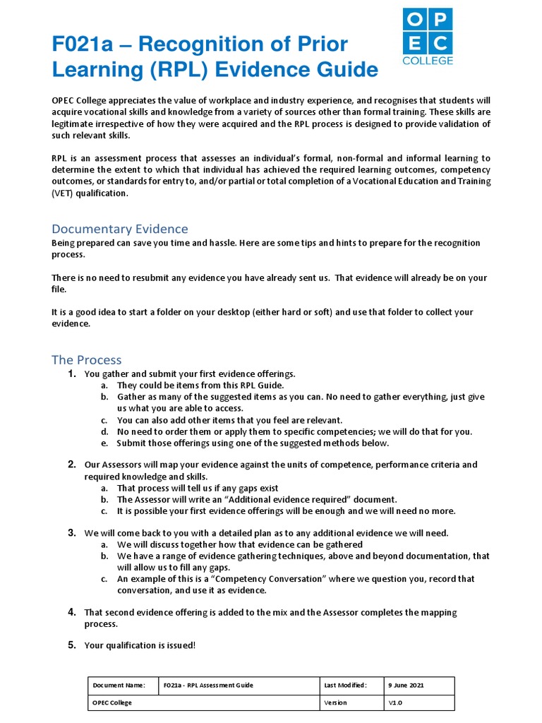 F021a - RPL Evidence Guide | PDF | Vocational Education | Learning