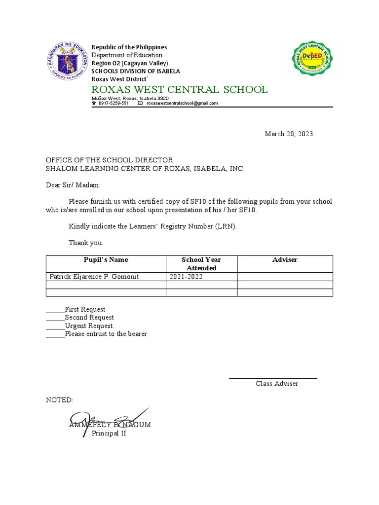 Request Form For SF10 | PDF
