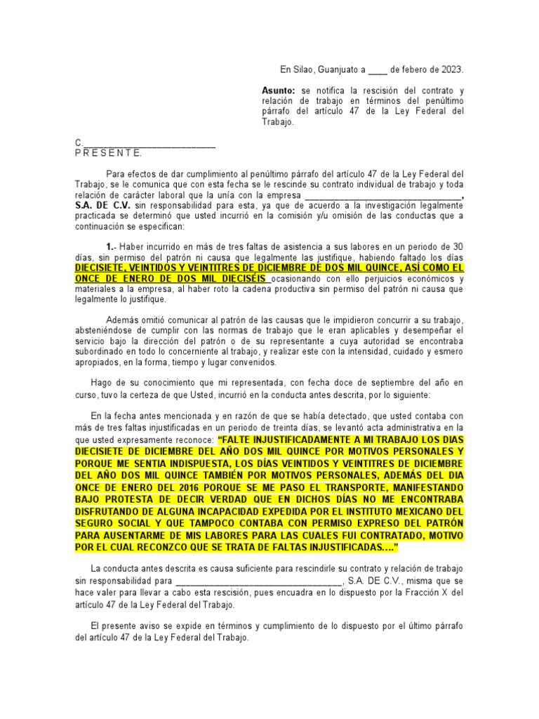 Rescisión de contrato laboral en Silao | PDF | Derecho