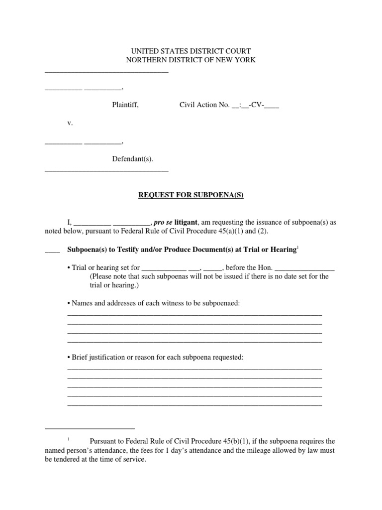 Request For Civil Subpoena NYN | PDF | Subpoena | Lawsuit