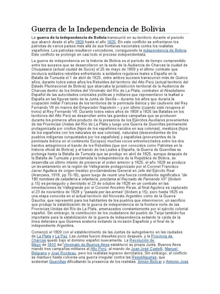 Guerra de La Independencia de Bolivia | PDF | Conflictos del segundo ...