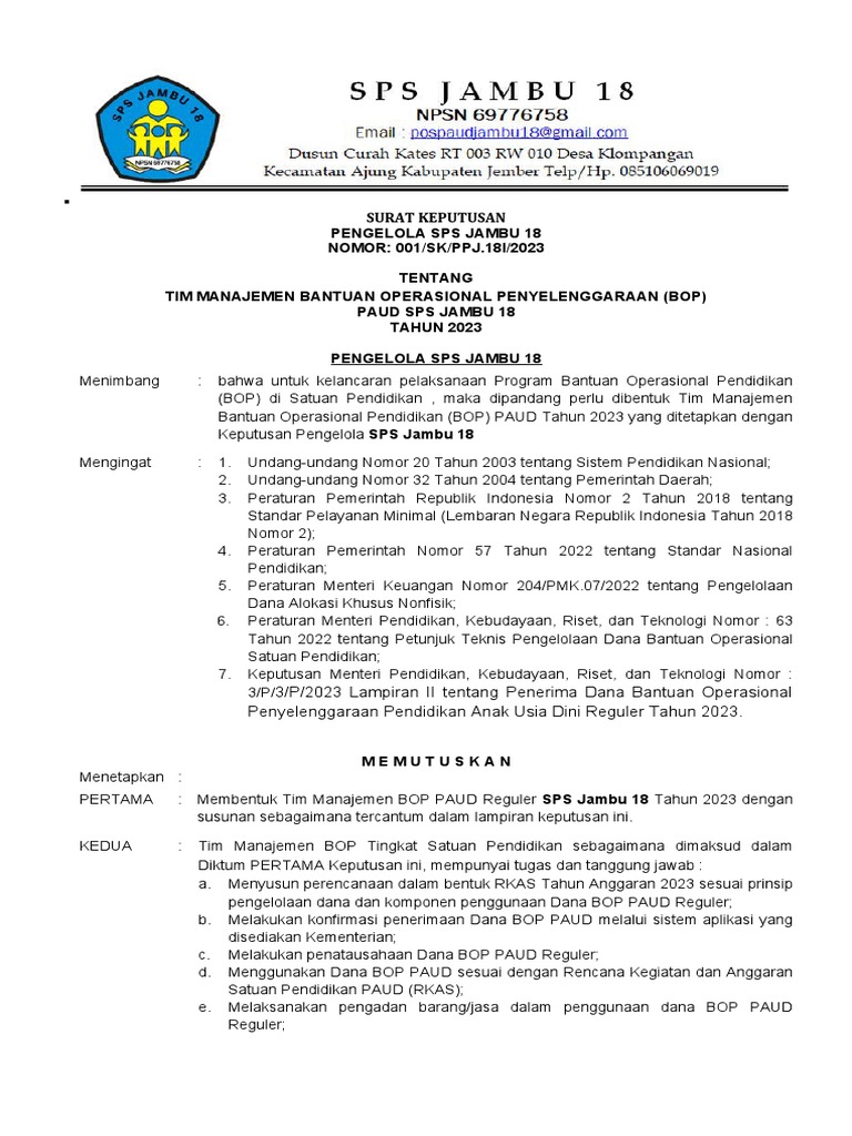 SK Tim Manajemen Bop Paud Satuan Pendidikan | PDF