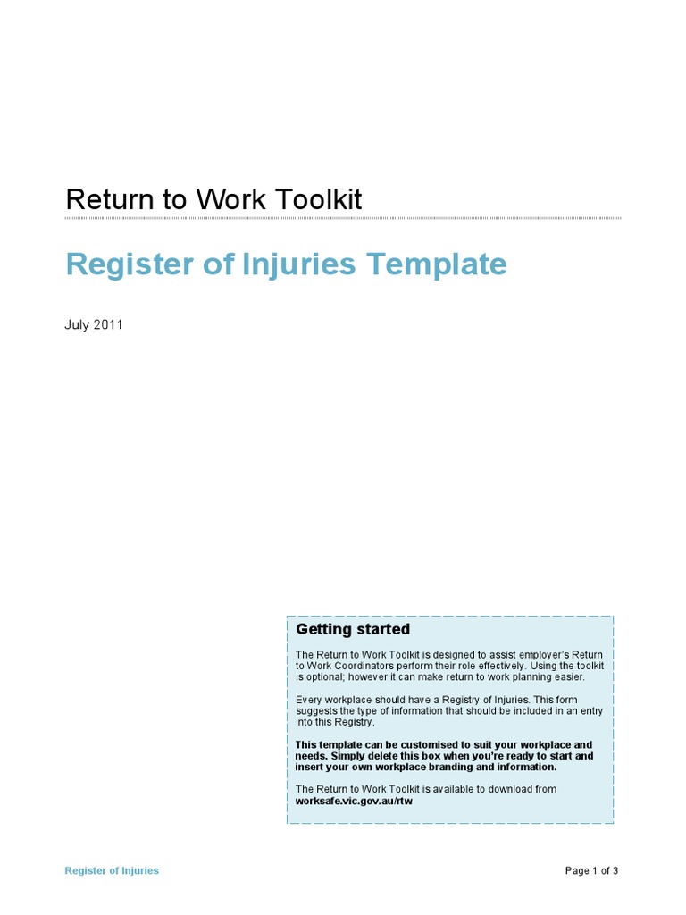ISBN Register of Injuries Template Return To Work Toolkit 2011 07 ...