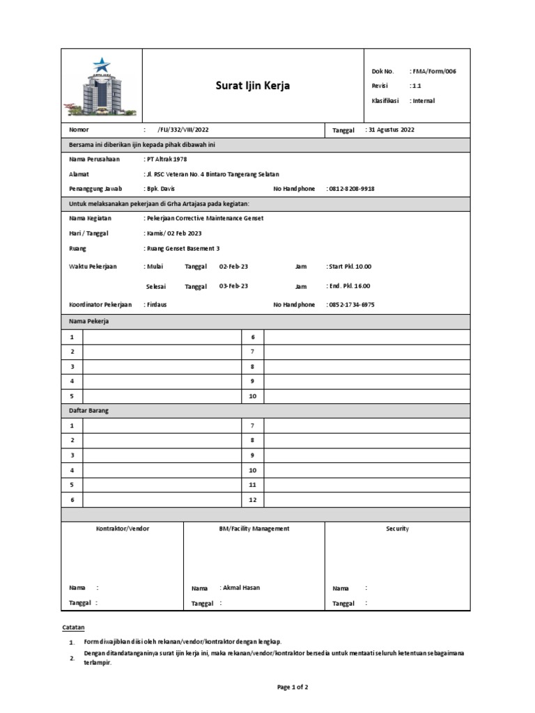 Formulir Ijin Kerja - Corrective Maintenance Genset PT Altrak 1978 PDF ...