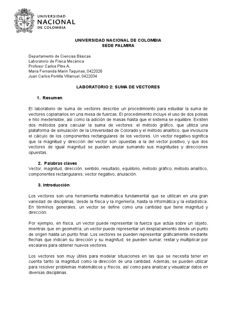 Lab 2 - Suma de Vectores | PDF | Vector Euclidiano | Medición