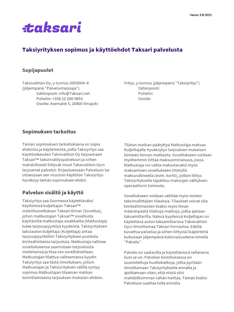 Taksiyrityksen Sopimuspohja Taksari V 2022-08-03 PDF | PDF