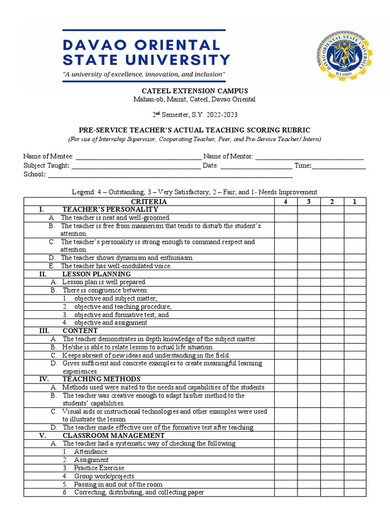 Pre-Service Teacher's Actual Teaching Scoring Rubric | PDF | Teachers ...