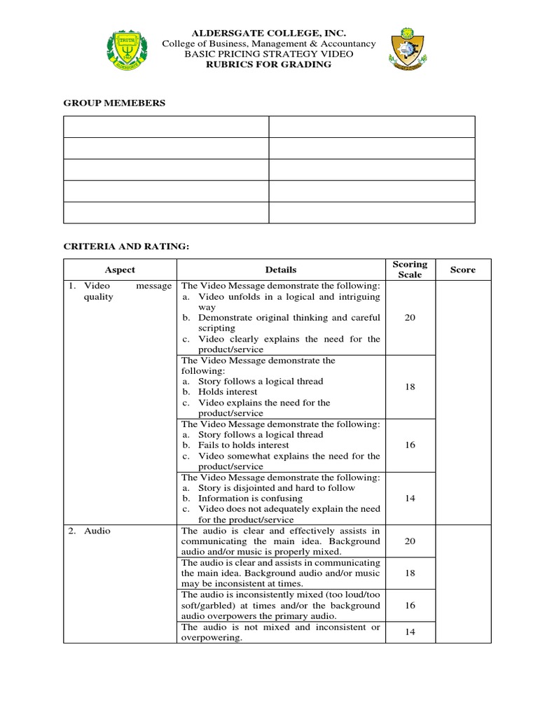 RUBRICS For Basic Pricing | PDF | Rubric (Academic) | Cognitive Science