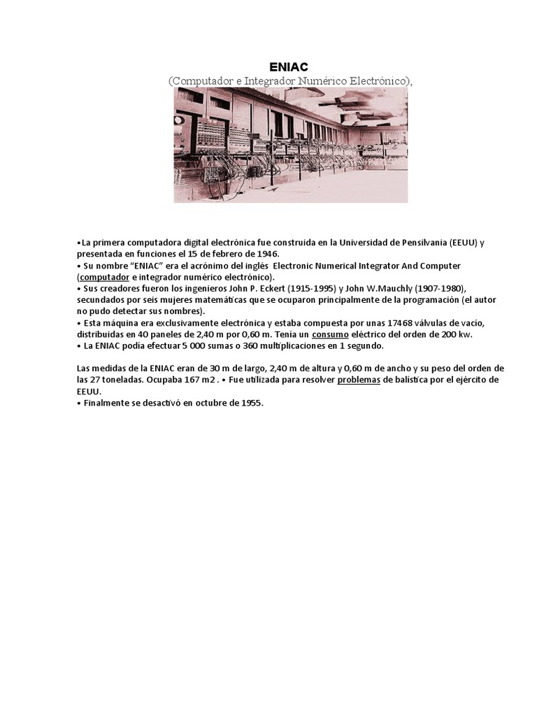 ENIAC: La primera computadora electrónica | PDF | Arquitectura de ...