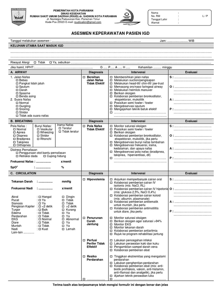 Rancangan Asesmen Keperawatan Pasien IGD Berbasis 3S Fix | PDF