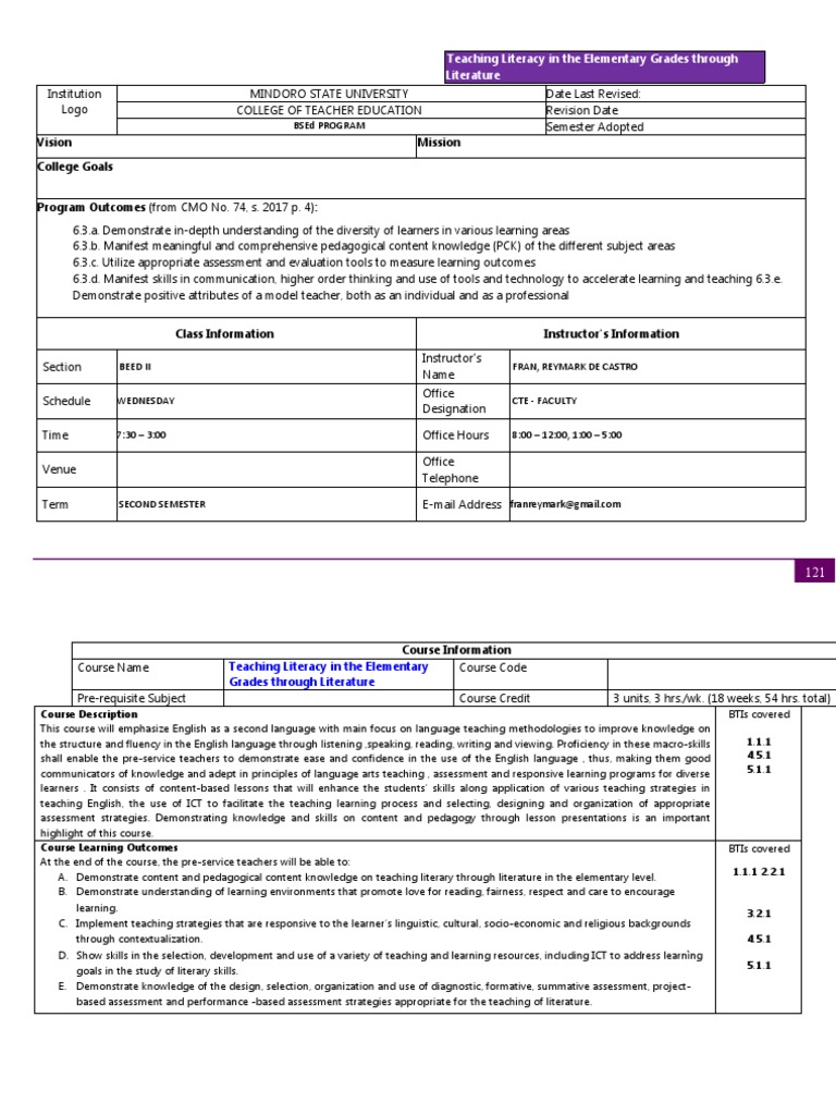 Syllabus in Teaching Literacy in The Elementary Grades Through ...