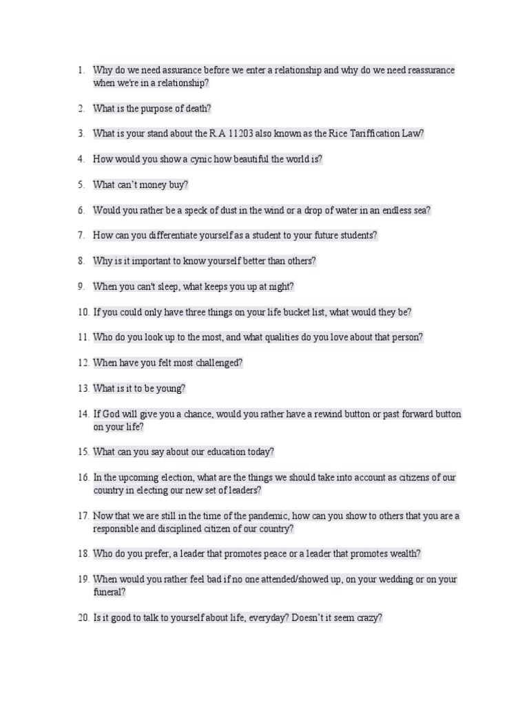 Extemporaneous Speech Questions | PDF | Wellness | Lifestyle