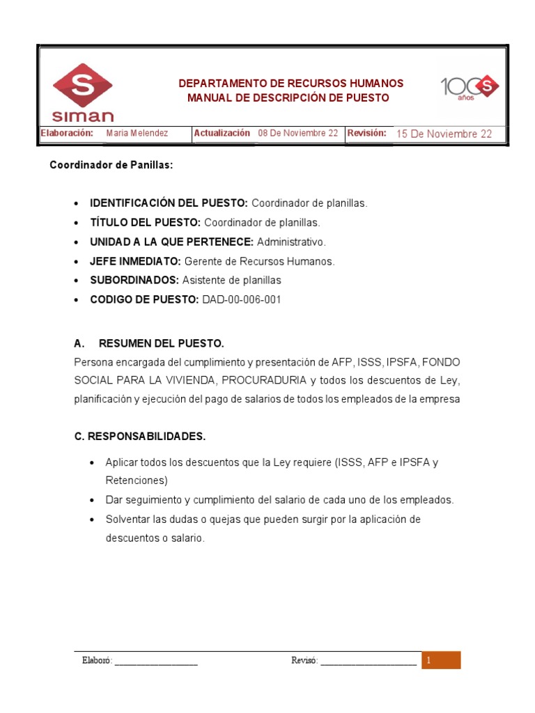 Descriptor de Puestos Coordinador de Planillas | PDF