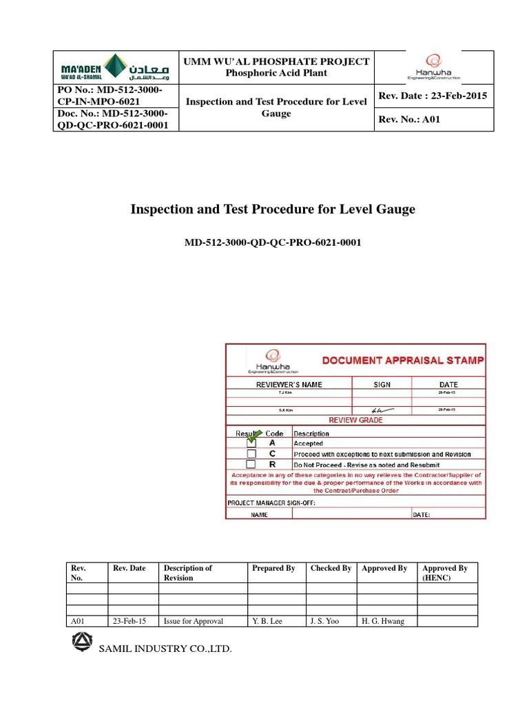 Sample - Inspection and Test Procedure For Level Gauge | PDF