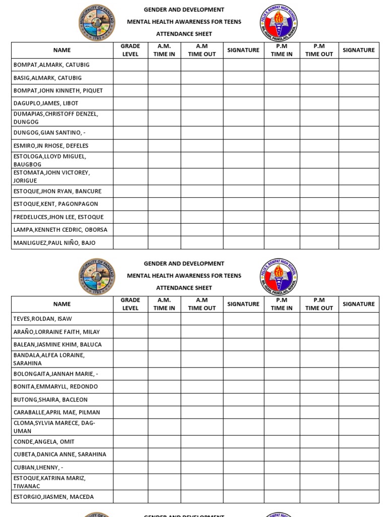 Mental Health Awareness for Teens Attendance Sheet and Snacks/Lunch ...