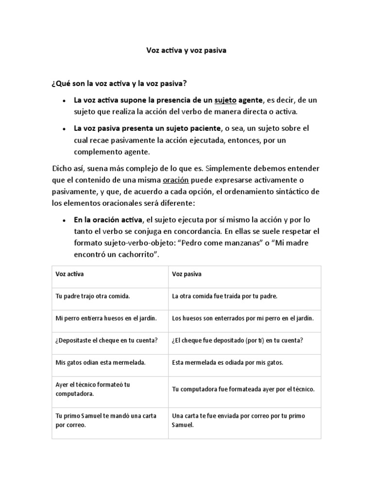 Voz activa y pasiva en español | PDF | Verbo | Asunto (gramática)