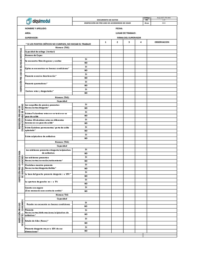 Alq-Sst-Fr-040 Check List Aparejos de Izaje | PDF | Equipo | Bienes ...