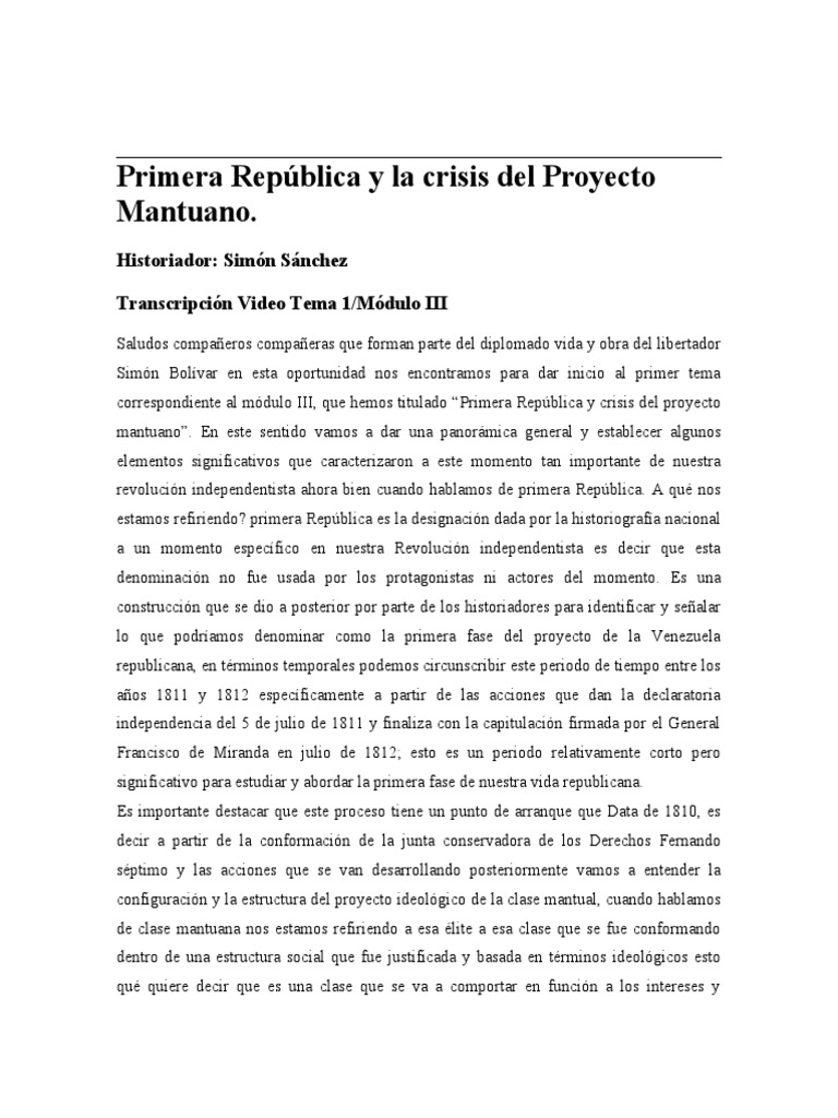 Tema 1. Mód III. Transcripcion Primera República y La Crisis Del Proyecto Mantuano | PDF ...