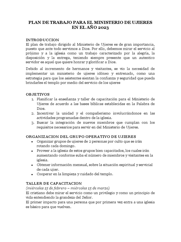 Plan de Trabajo Para El Ministerio de Ujieres en El Año 2023 | PDF Plan de Trabajo Para El Ministerio de Ujieres en El Año 2023 | PDF