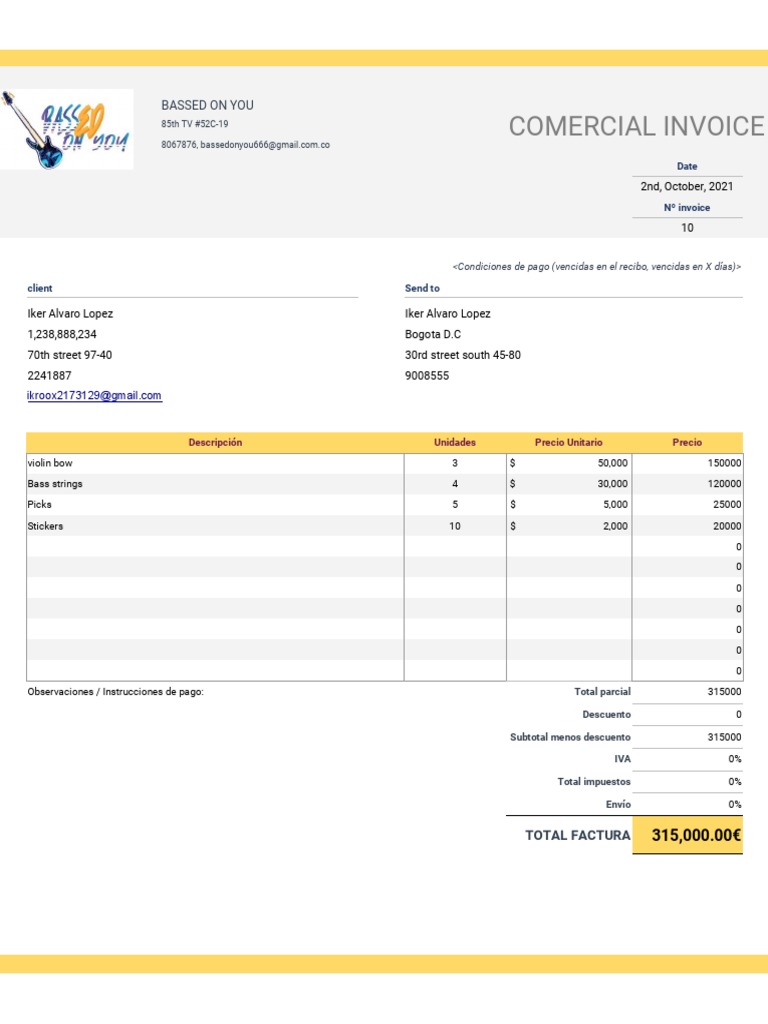 Comercial Invoice for Musical Instrument Supplies | PDF