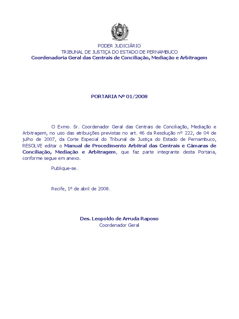 Portaria012008 - MANUAL DO PROCEDIMENTO ARBITRAL DO TJPE | Download ... Portaria012008 - MANUAL DO PROCEDIMENTO ARBITRAL DO TJPE | Download ...