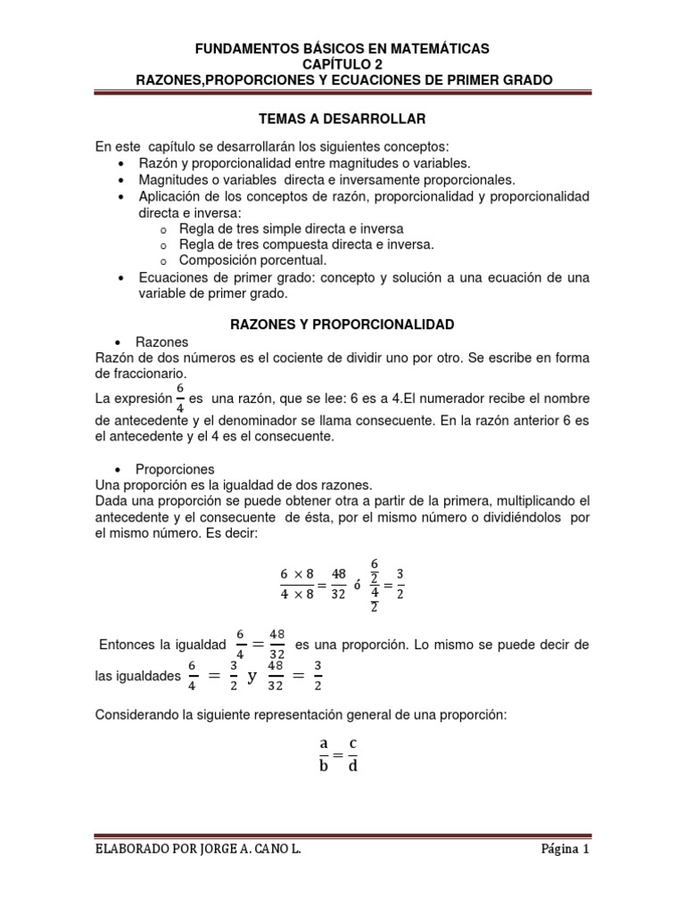 Razones, Proporciones y Ecuaciones de Primer Grado | PDF ...