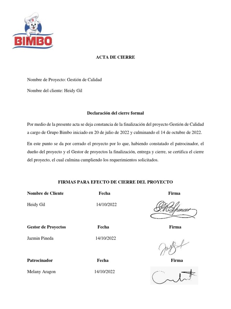 Acta de Cierre - Elaboracion de Proyectos | PDF