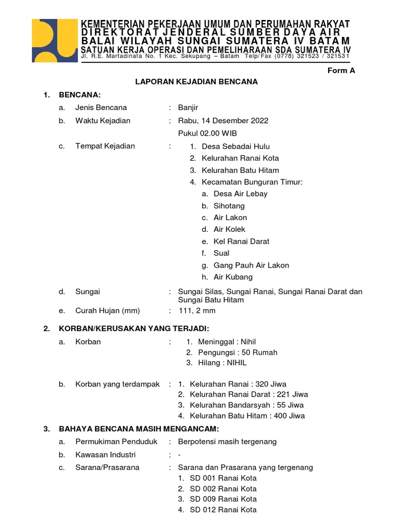 FORM A Dan B Laporan Banjir Natuna 14 Desember | PDF