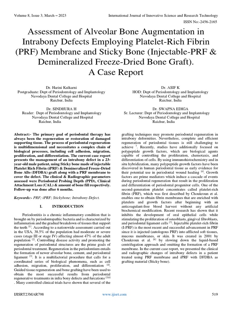Assessment of Alveolar Bone Augmentation in Intrabony Defects Employing Platelet-Rich Fibrin ...