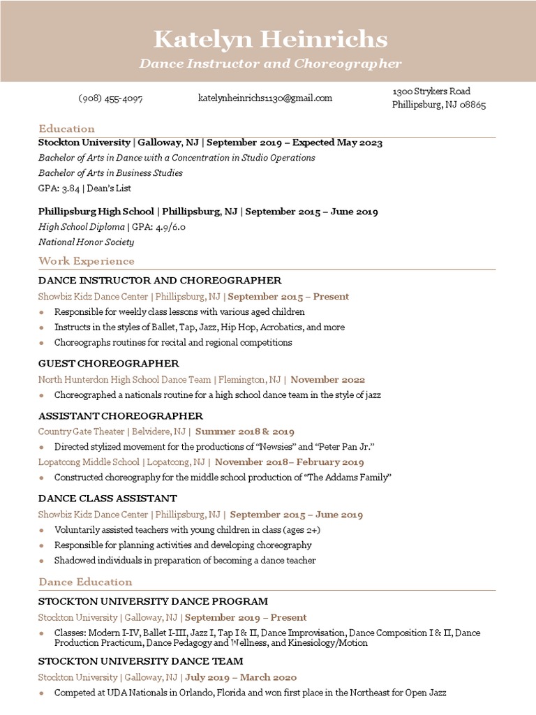 Dance Resume - Katelyn Heinrichs 2 | PDF | Choreography | Dances