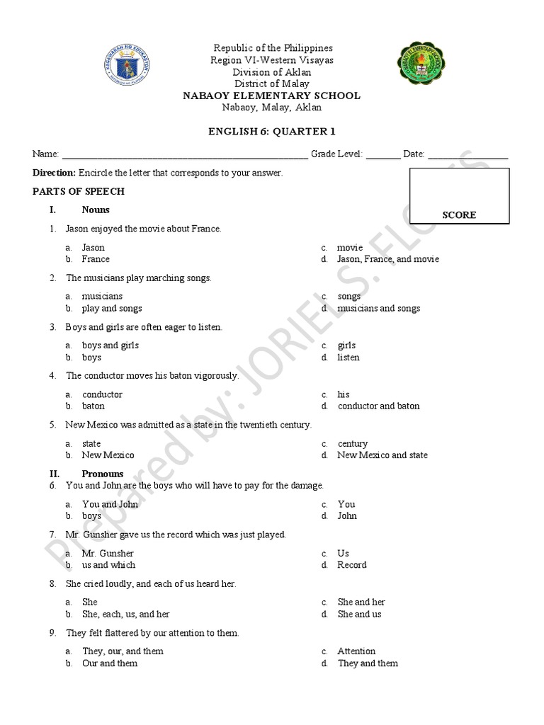 English 6 - Quarter 1 Exam | Download Free PDF | Cognitive Science | Language Mechanics