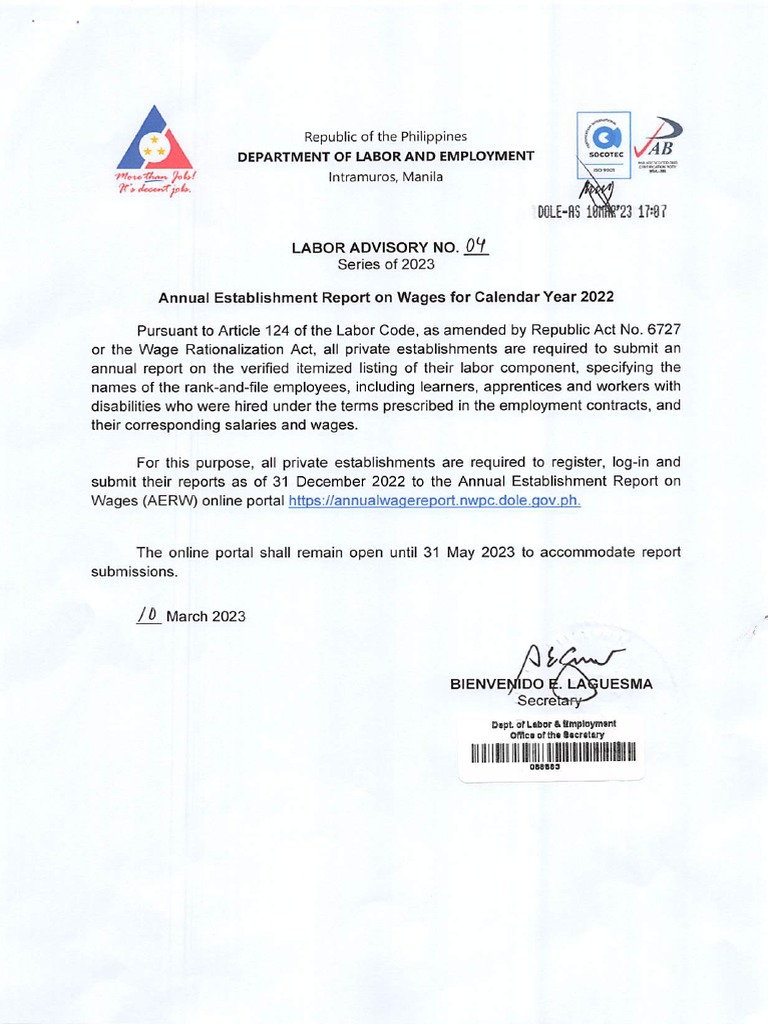 Labor Advisory No. 04 23 Annual Establishment Report On Wages For CY 2022 | PDF