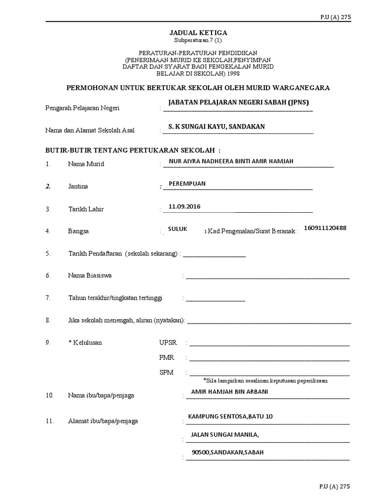 Surat Pindah Murid SKSK Terkini | PDF