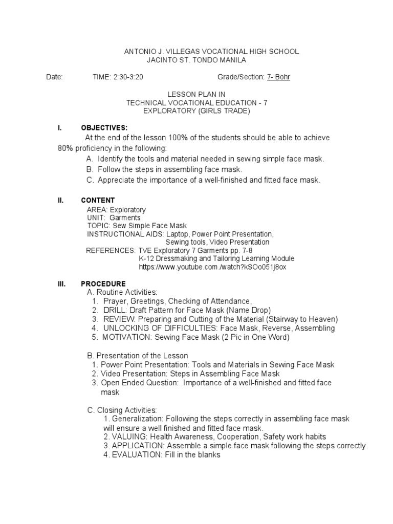 Lesson-Plan in Garment-Face Mask | PDF | Sewing | Lesson Plan