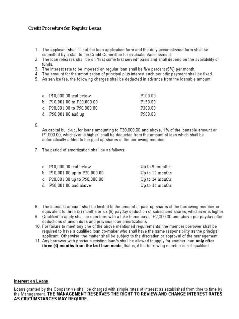 Credit Procedure For Regular Loans | PDF | Loans | Interest